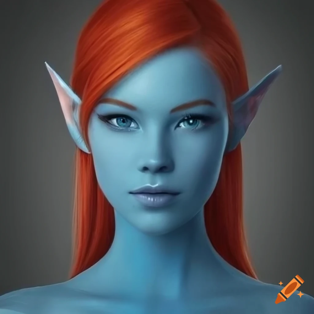 Blue skin, elf, red hair, blue, pretty, woman on Craiyon