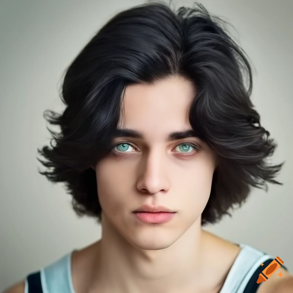 Young Man With Shoulder Length Wavy Black Hair And Green Eyes