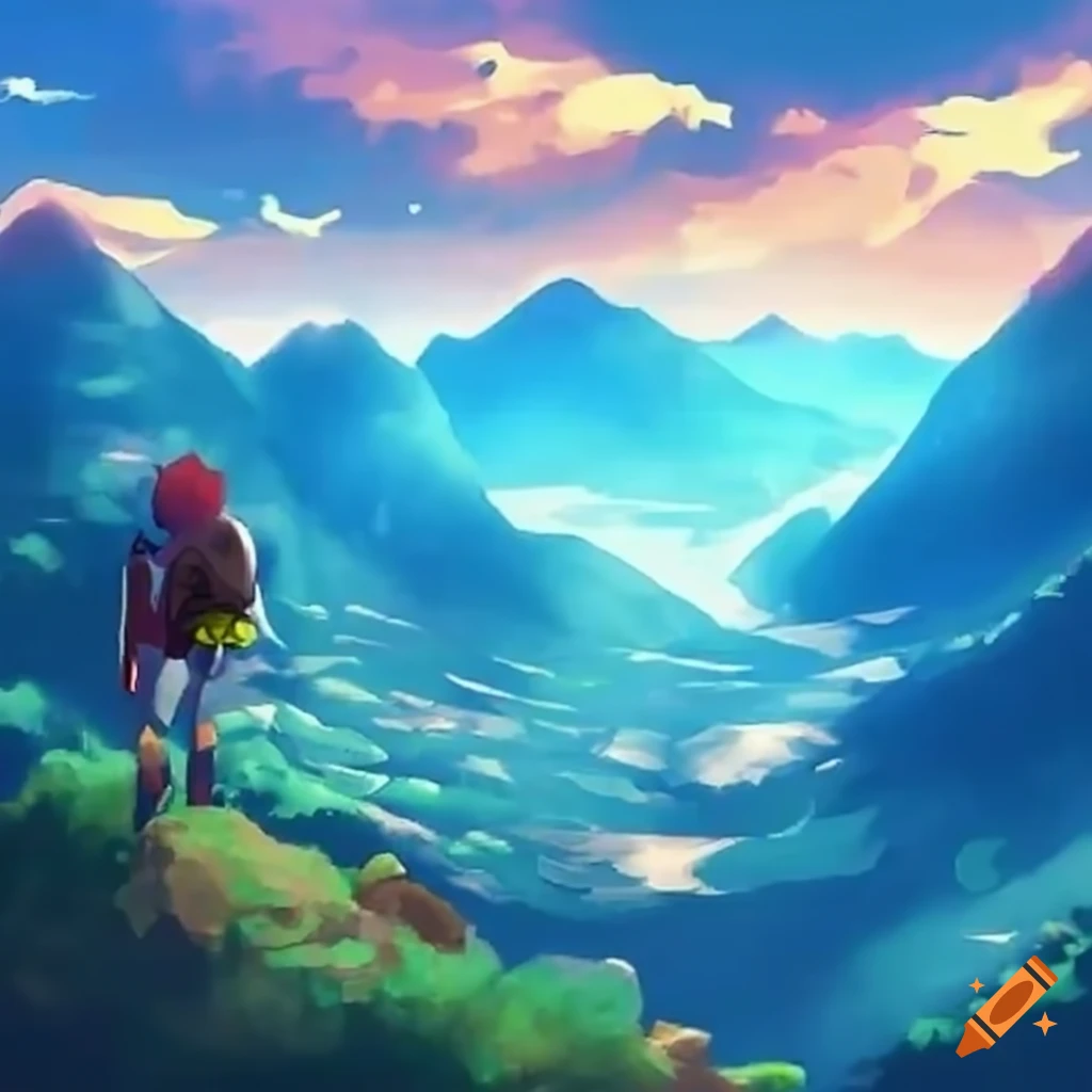 Pokemon anime style, solo walk between mountains, sun and cloud day ...