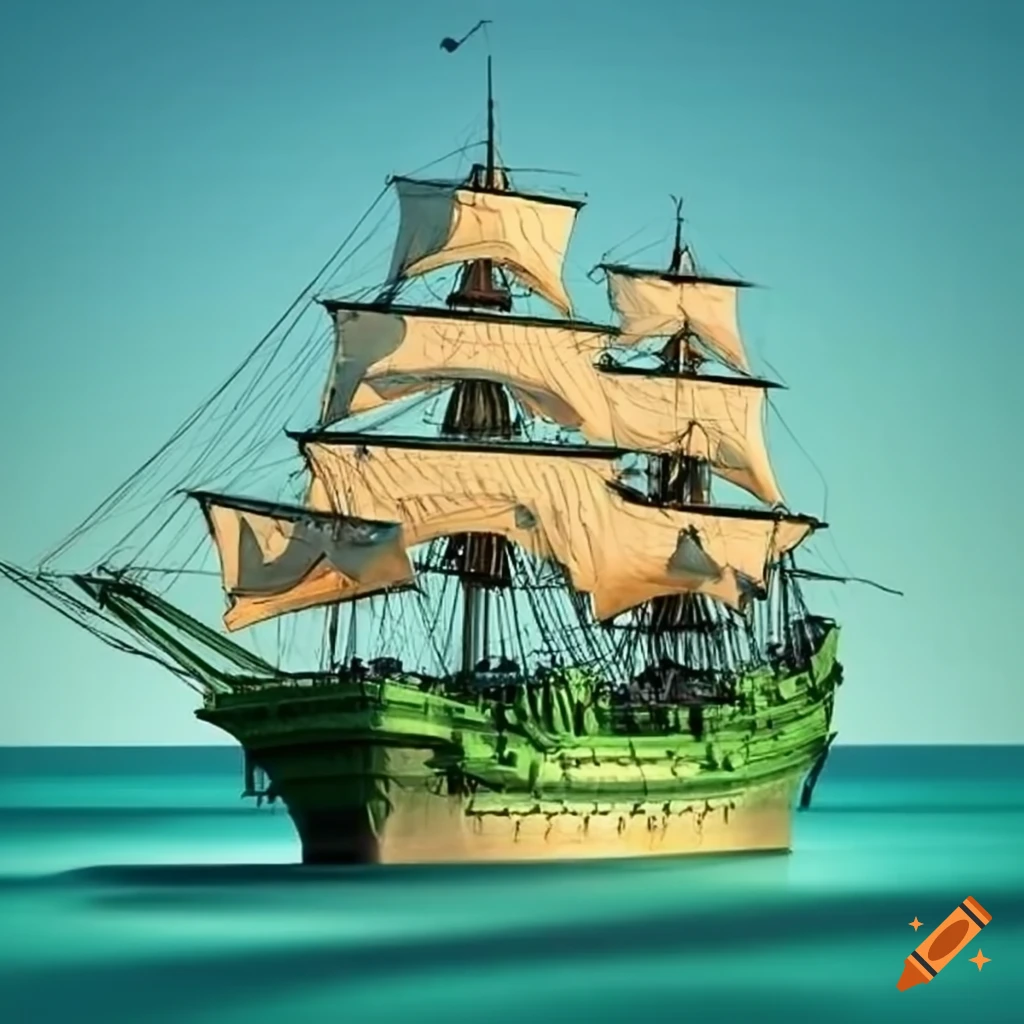 Realistic Light green royal ship in a sunny day in port on Craiyon
