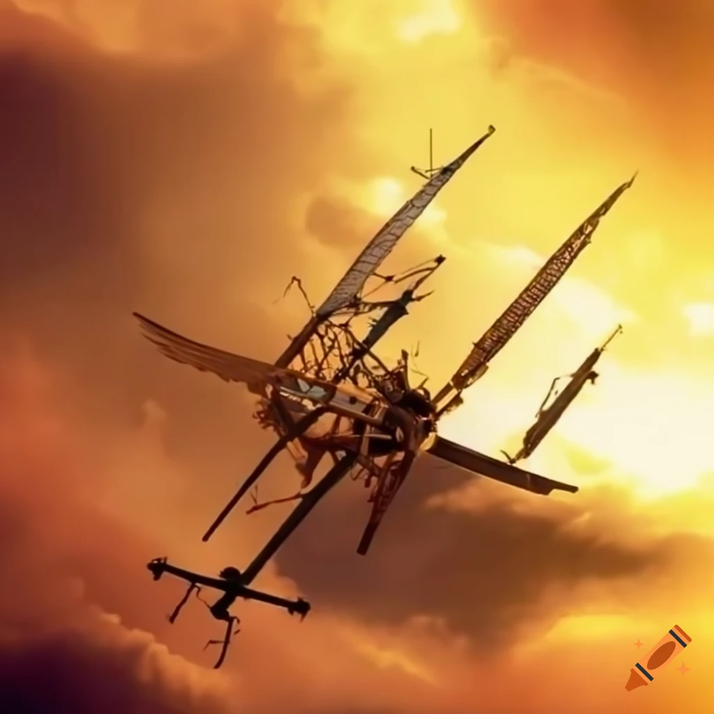 Medieval flying device flying in the clouds on Craiyon