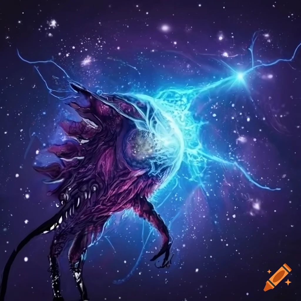 Aliean creature surrounded by blue sparks, space background, 2d on Craiyon