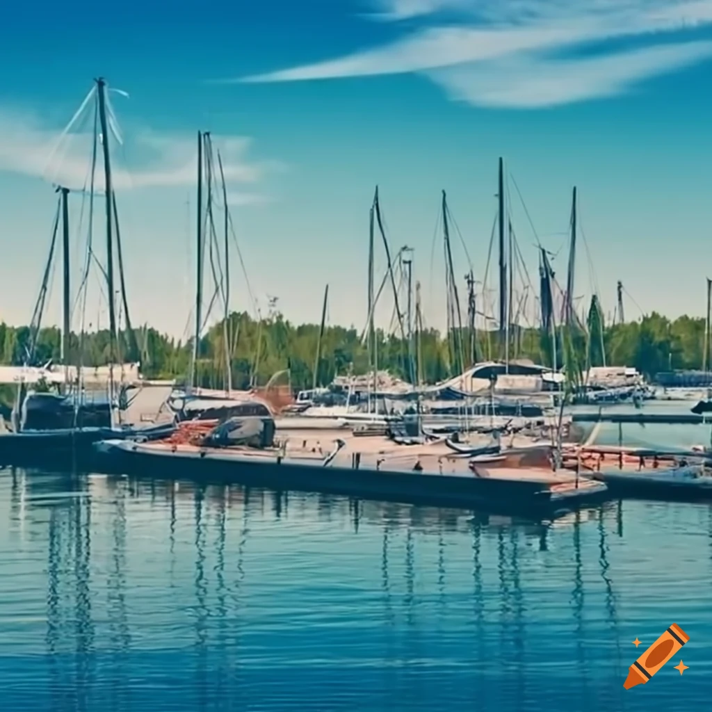 Beautiful marina with pontoon boats on a sunny day on Craiyon