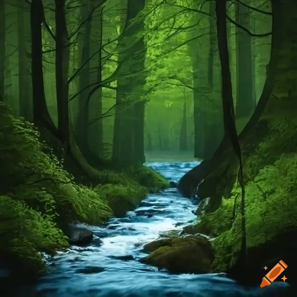 A man walking in forest with water stream and dense trees