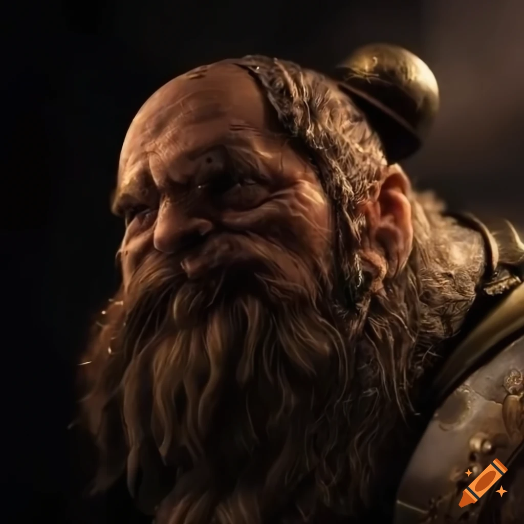 Close-up portrait photograph of a dwarf, warhammer, night photograph ...