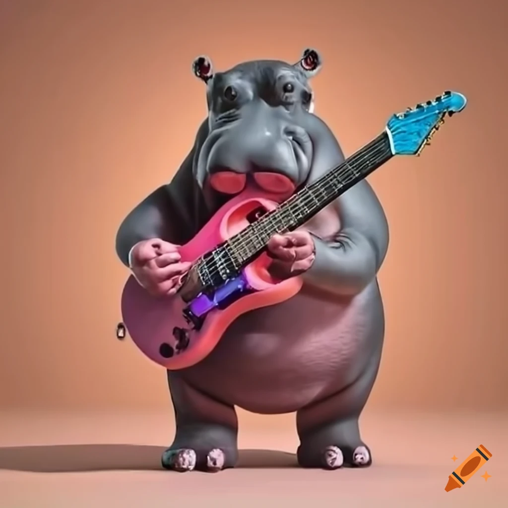 A playful hippo rocking out on an electric guitar