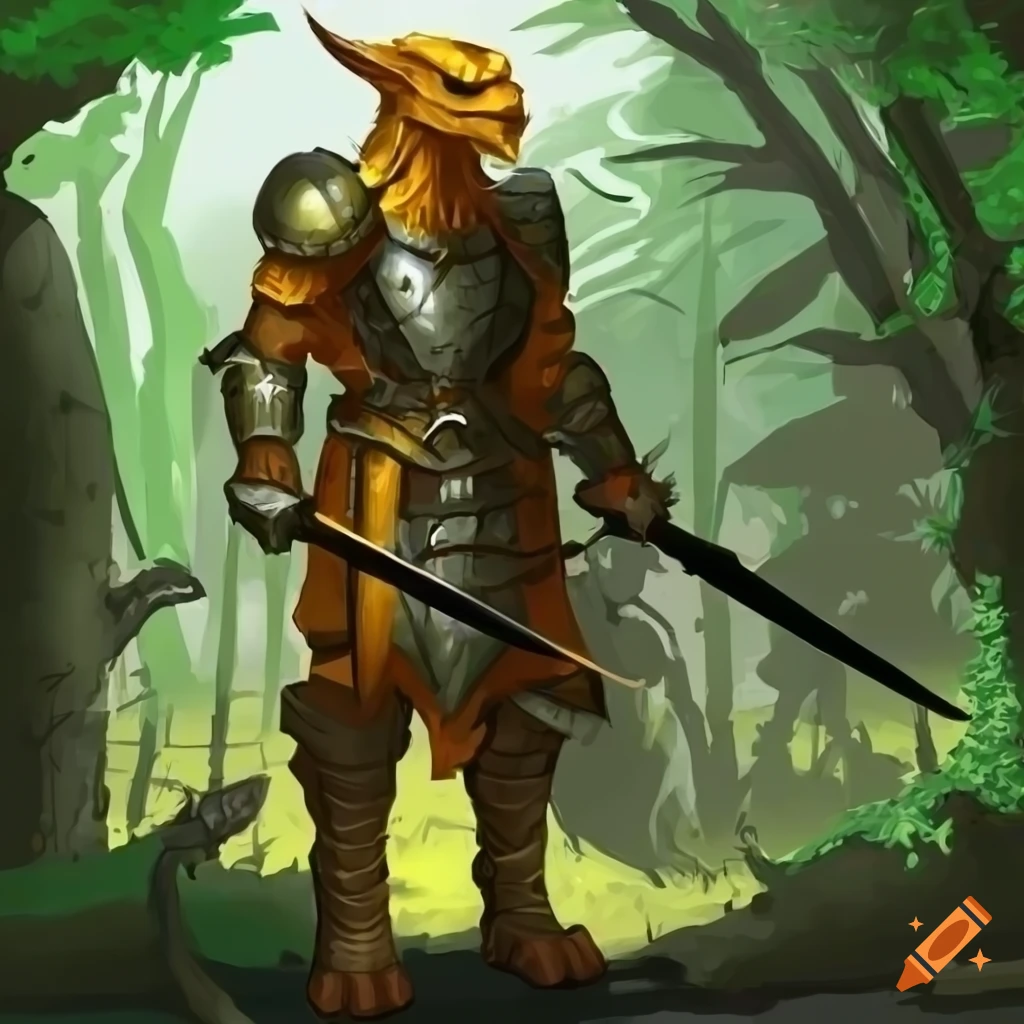Golden dragonborn fighter with a big sword and a heavy armour, in a forest