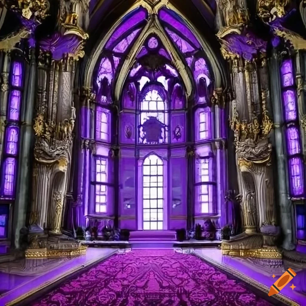 A purple throne room with pillars and stain glass windows in the shape ...