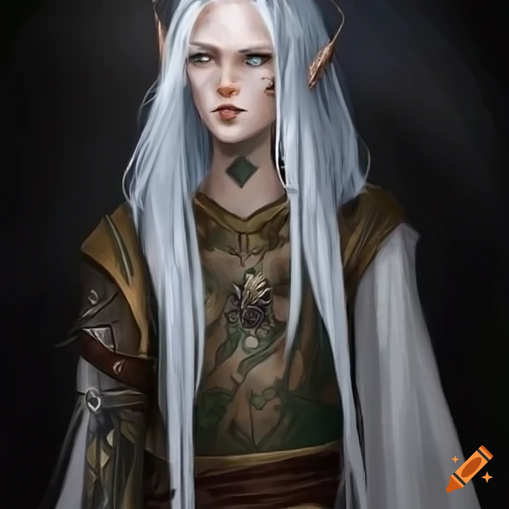 Elven cleric with long white hair, white robes, and lots of intricate ...