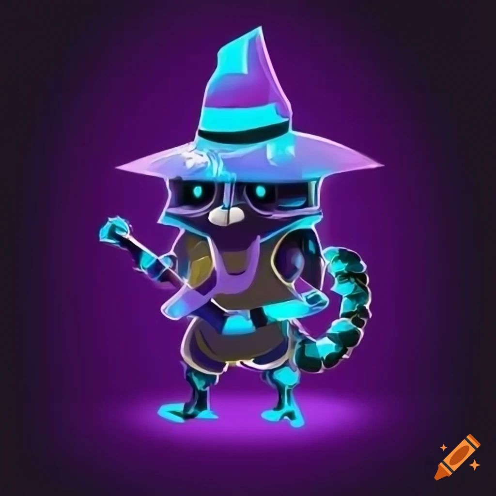 Robot raccoon wizard logo with vibrant blue and purple hues on Craiyon