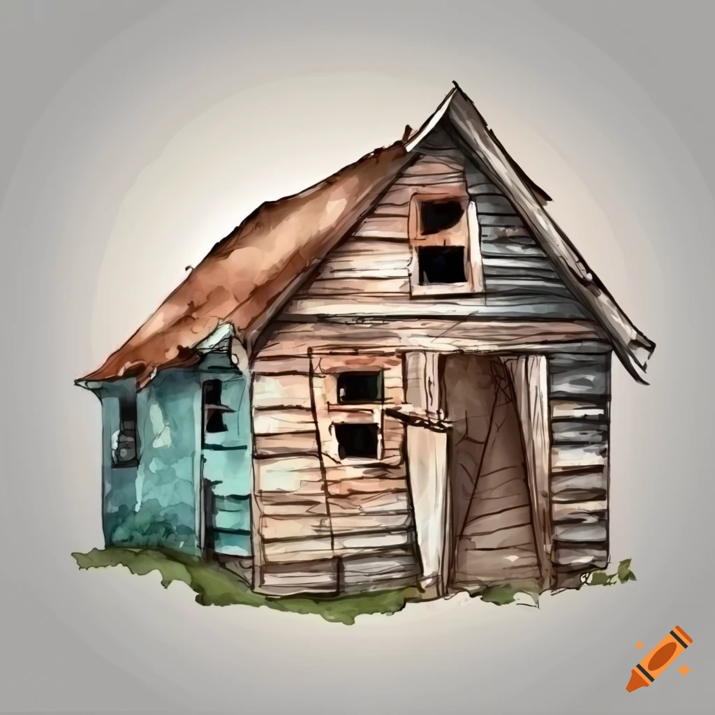 Simple cute cartoon abandoned shack in watercolour on a white background
