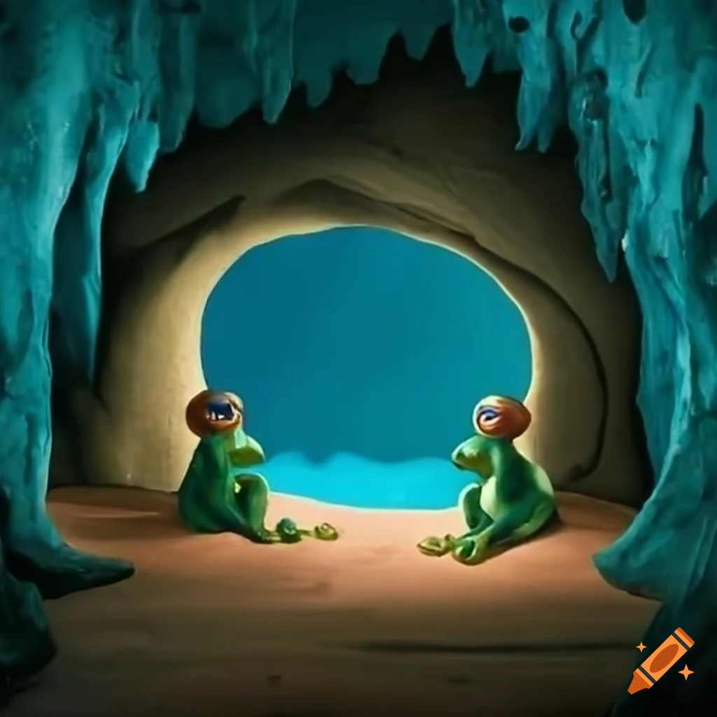 A claymation cave scene with a small body of water and two small frog ...