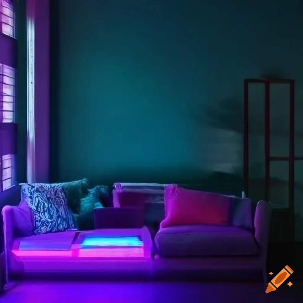 Neon lights and plant couch using bright blues and light pinks