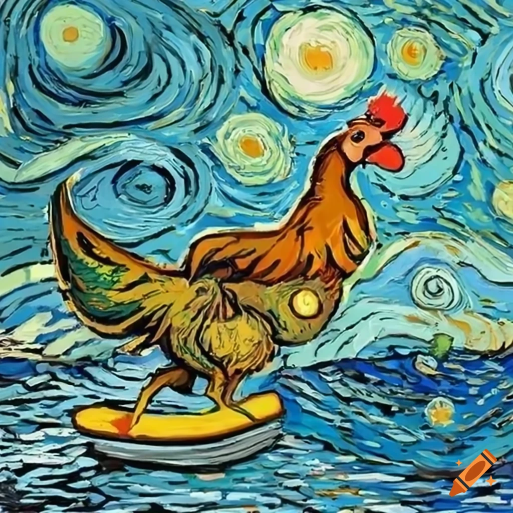 A chicken surfing in the style of van gogh on Craiyon