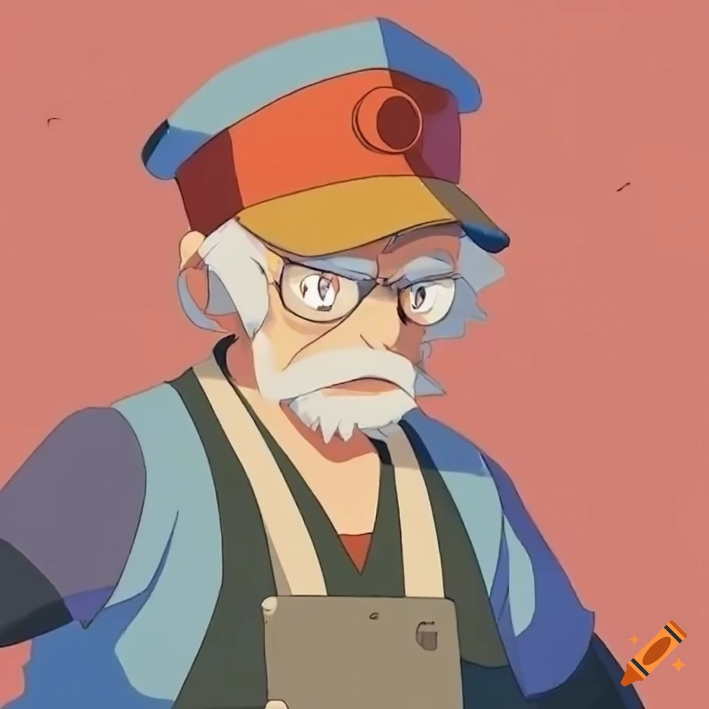 Old engineer in the style of the pokemon anime
