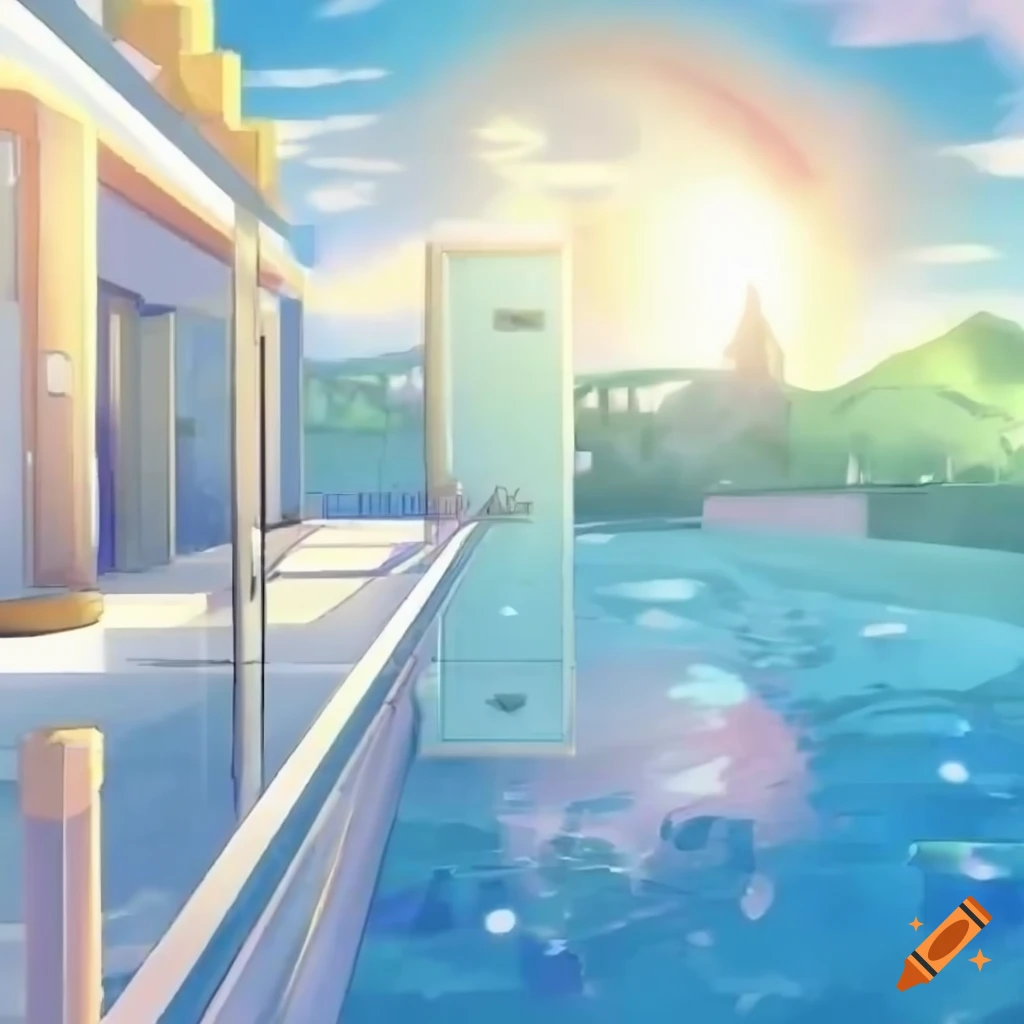 Pool, anime visual key, anime art , perspective view, 3:4 view on Craiyon