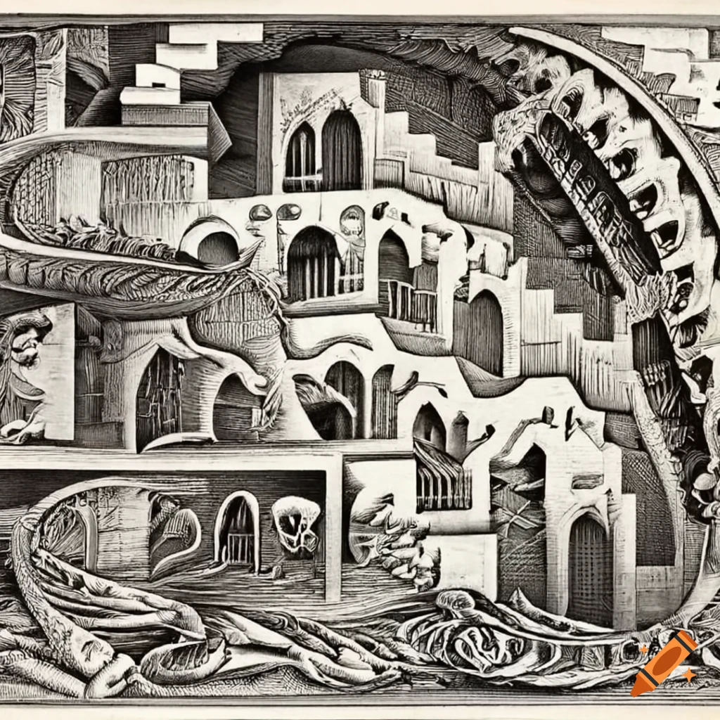 Intricate woodcut art by m. c. escher with stunning textures and details