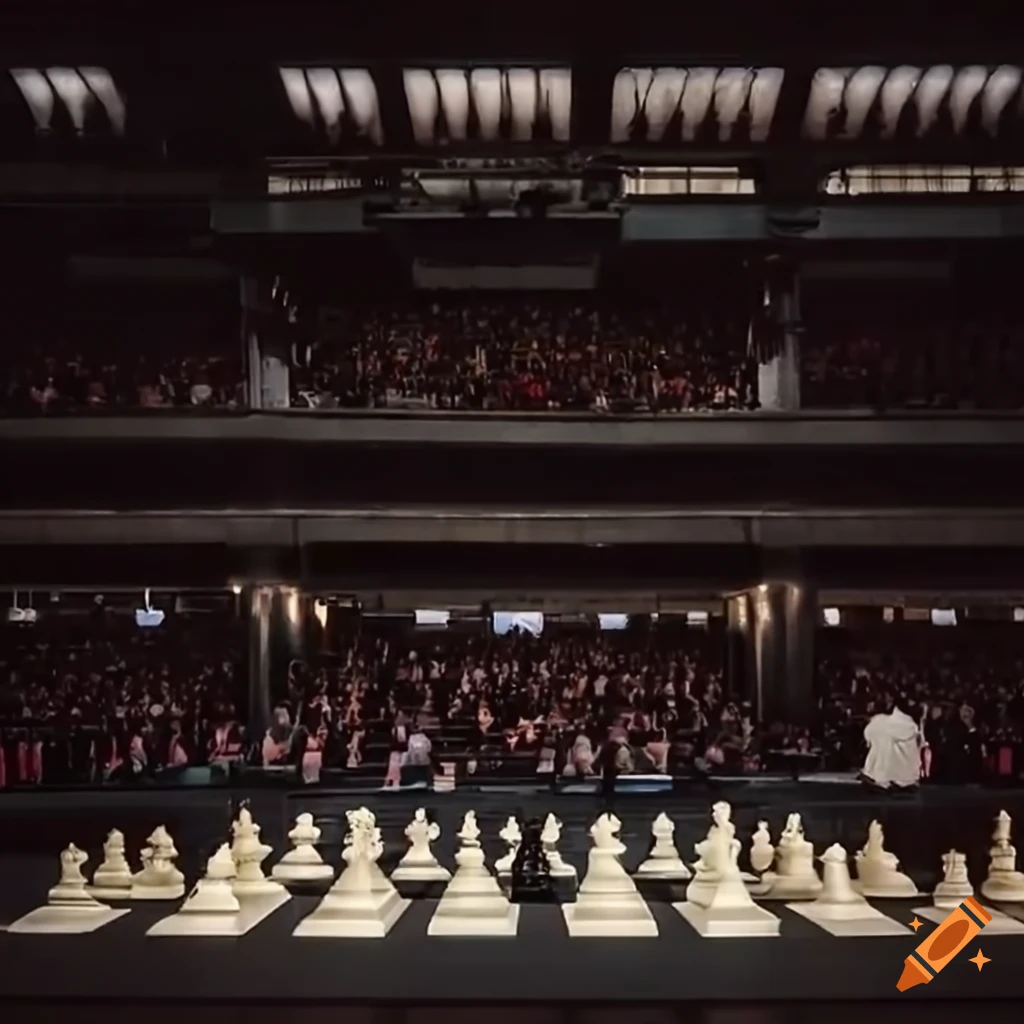 A chess stadium where a crowd sat on the chairs and are watching two ...