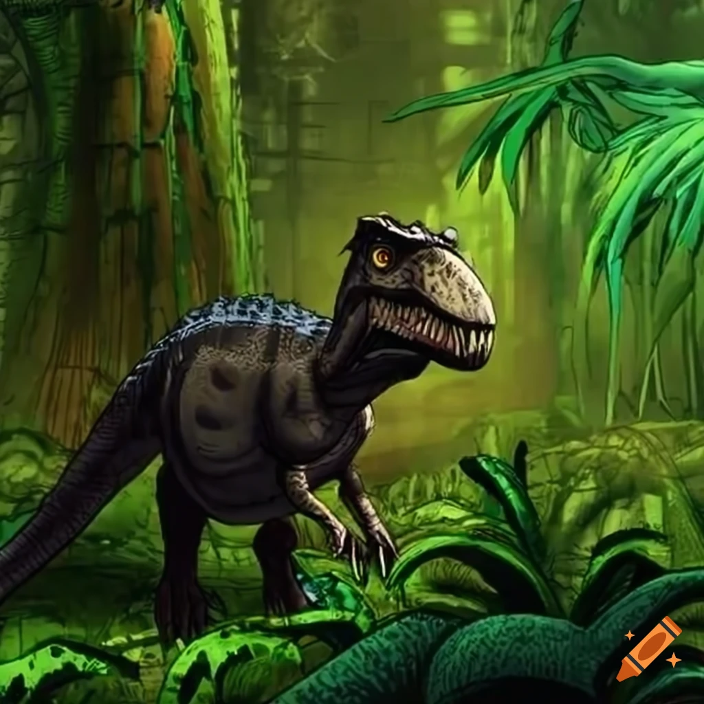An allosaurus in the middle of a very dense jungle with a comic book ...