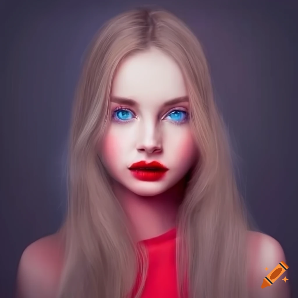 Photorealistic Picture Of Beautiful Young Woman With Long Hair Blue