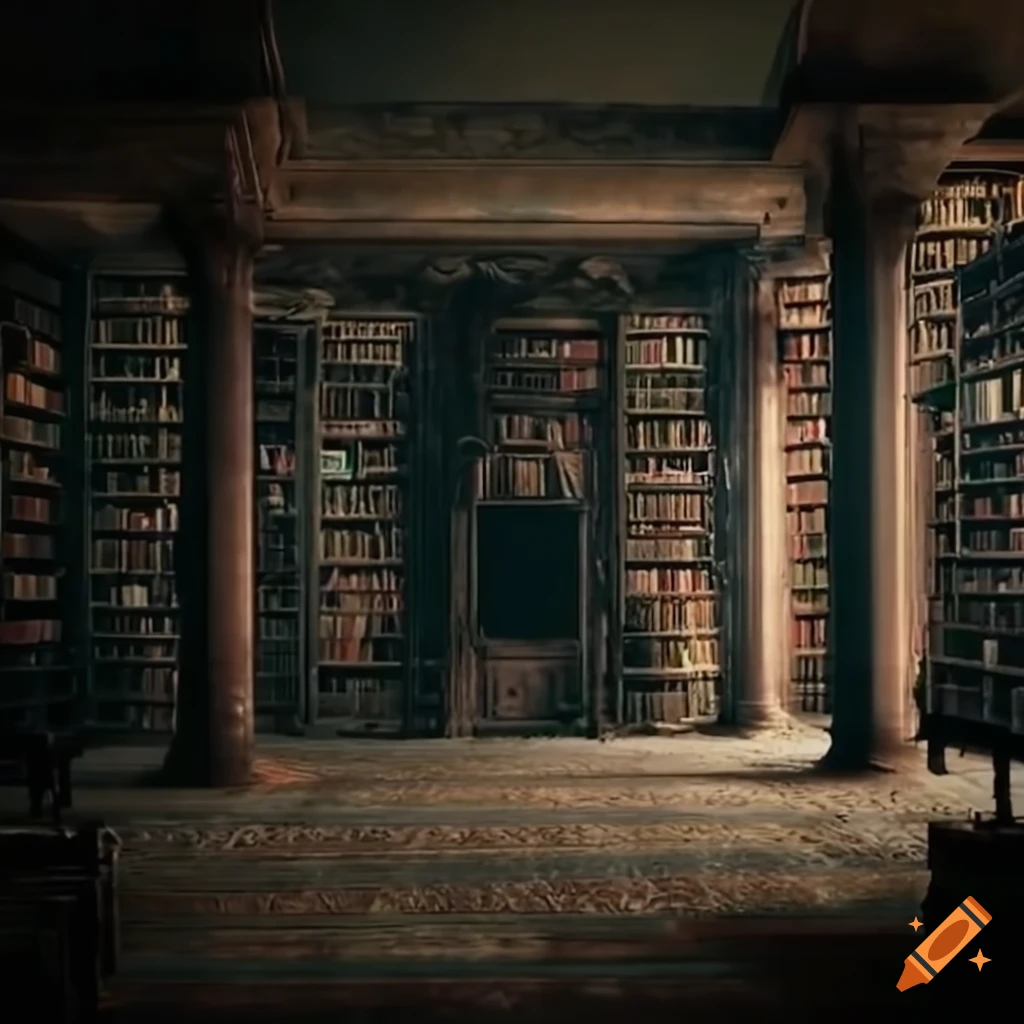 A mysterious library with twisted architecture in a horror game on Craiyon