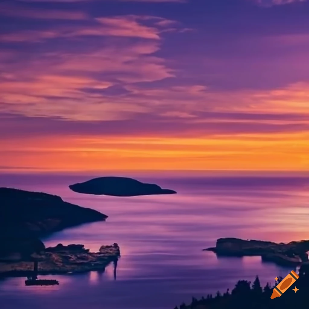 Sunset view from a medieval inn over an ocean bay