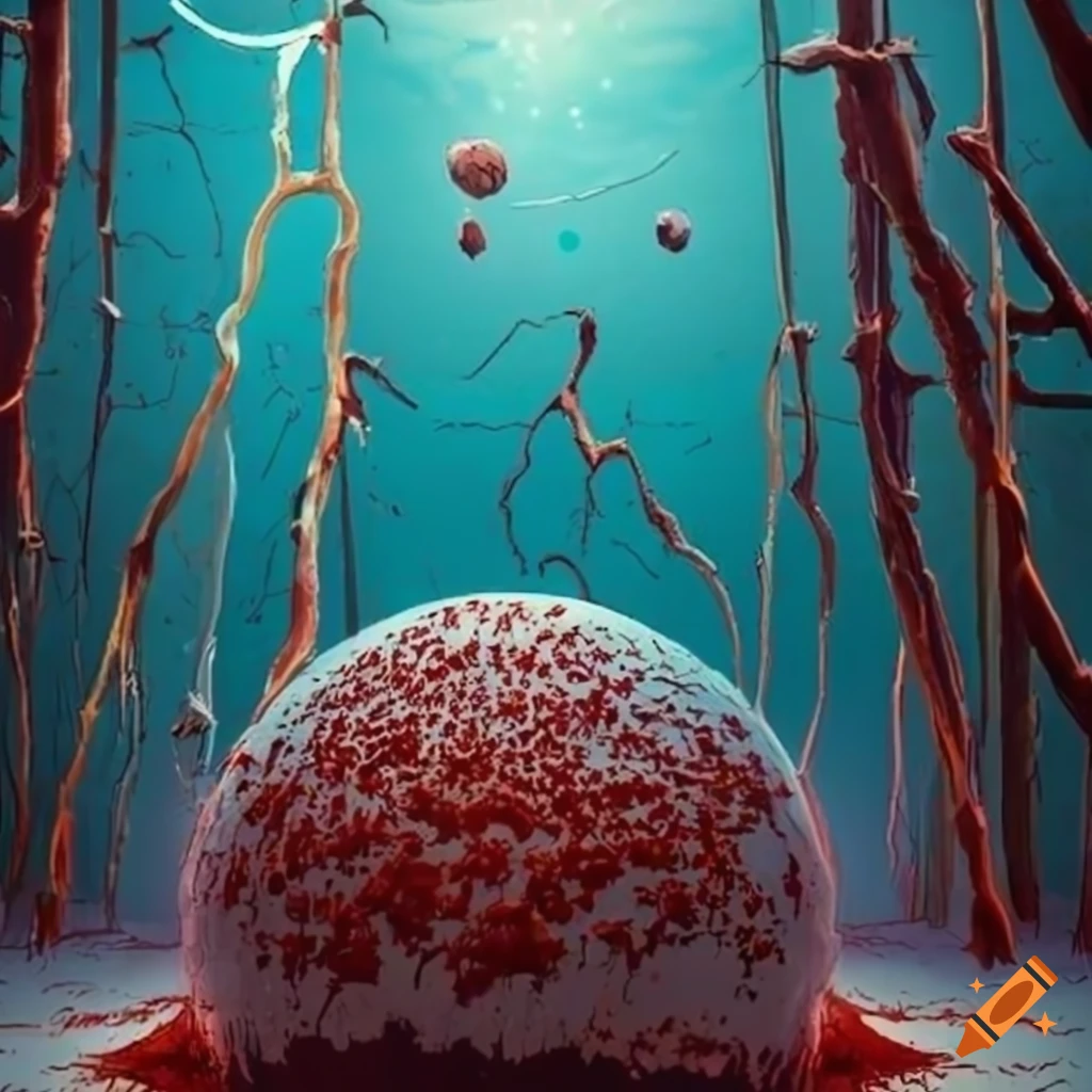 Create concept art of white and red chitin pods storing water in pale ...