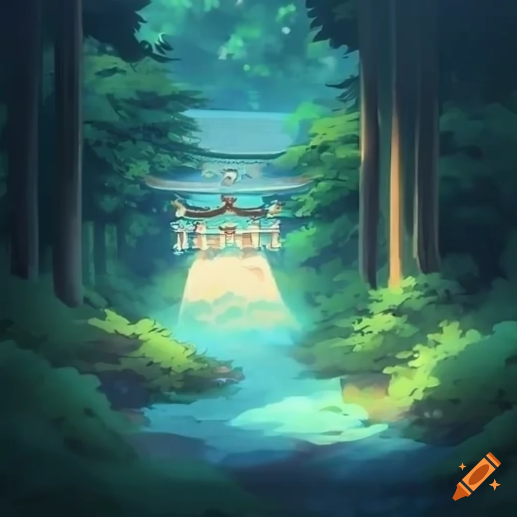 Small forest shinto shrine with a white butterfly, anime, pastel