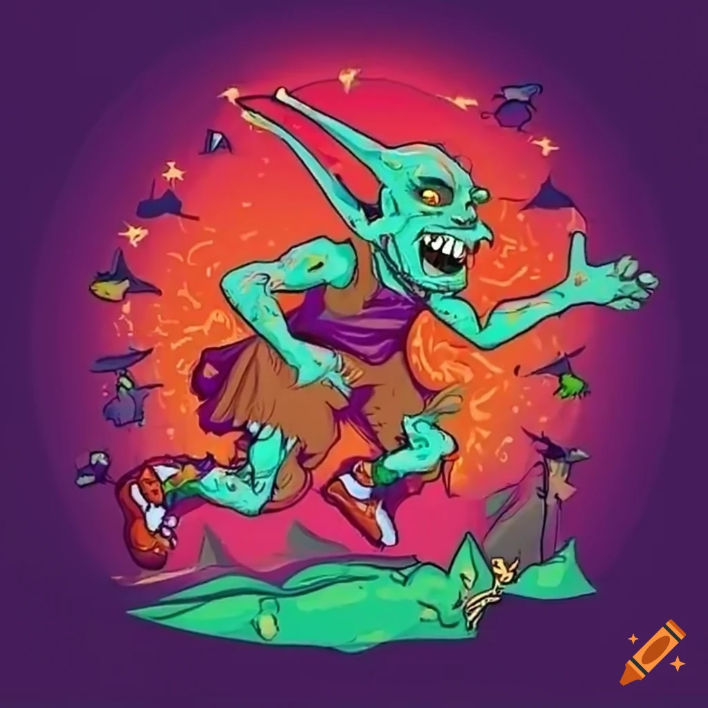 A psychedelic art style goblin running in the mountains on Craiyon