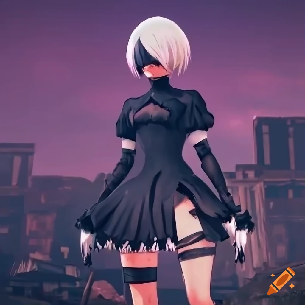 2B from nier automata standing near the destroyed building, purple sky ...
