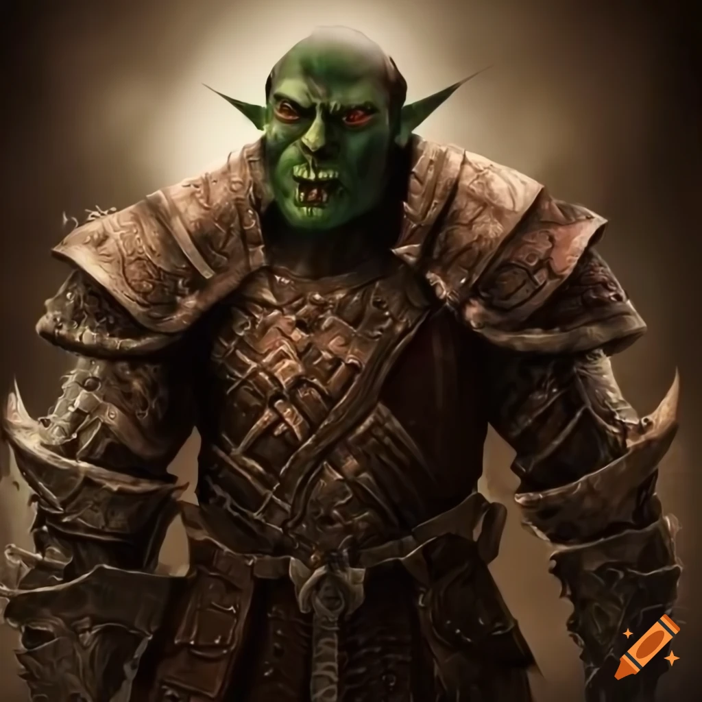 Portrait of a fierce warrior with a sinister half human-orc with pale skin appearance in armor ...