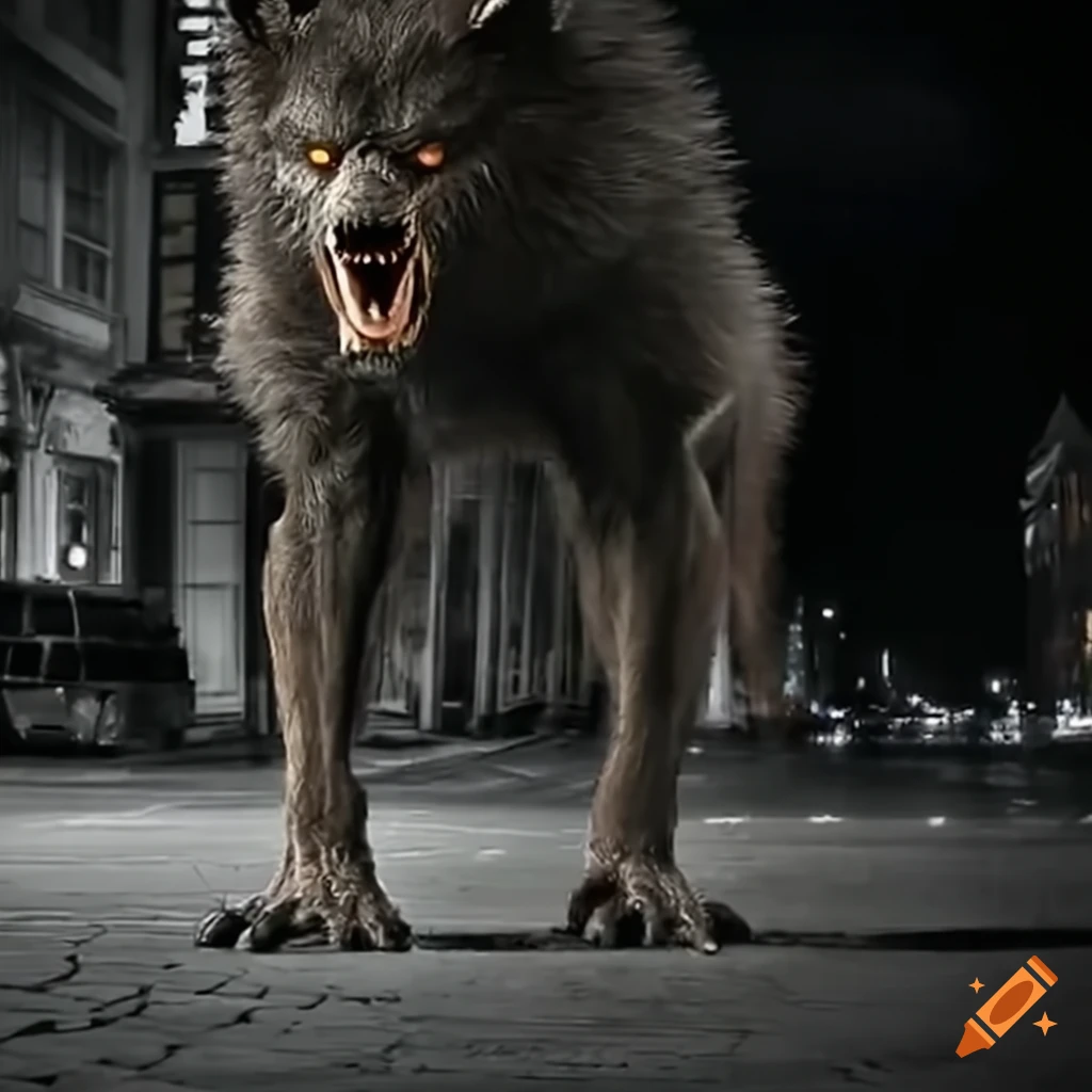 6 feet tall Quadrupedal werewolf crossing the street at night on Craiyon