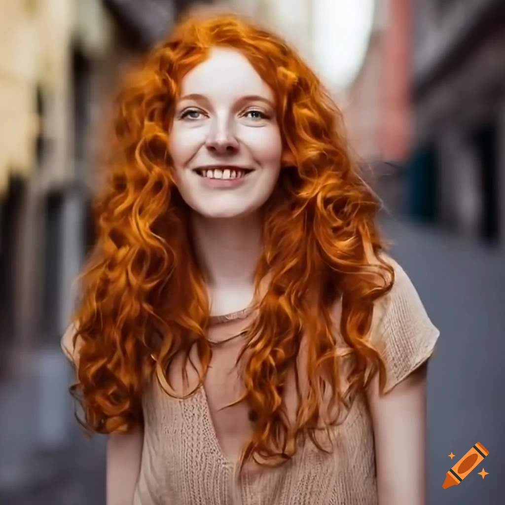 A cheerful redheaded woman smiling in an urban outdoor setting