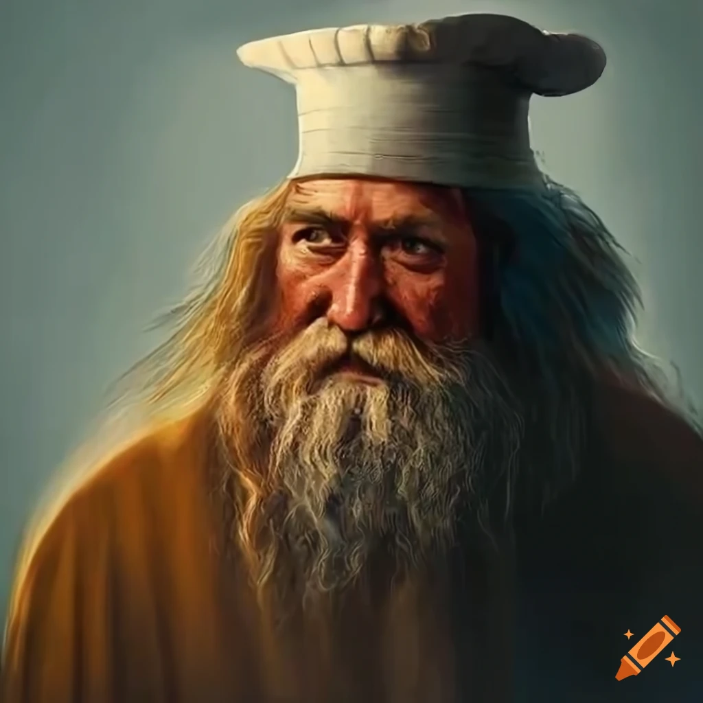 Portrait of a baker wizard wearing a chef wizard hat, middle aged man ...