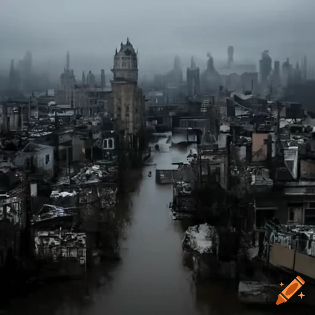 A flooded post apocalyptic ruined megacity caused by climate change
