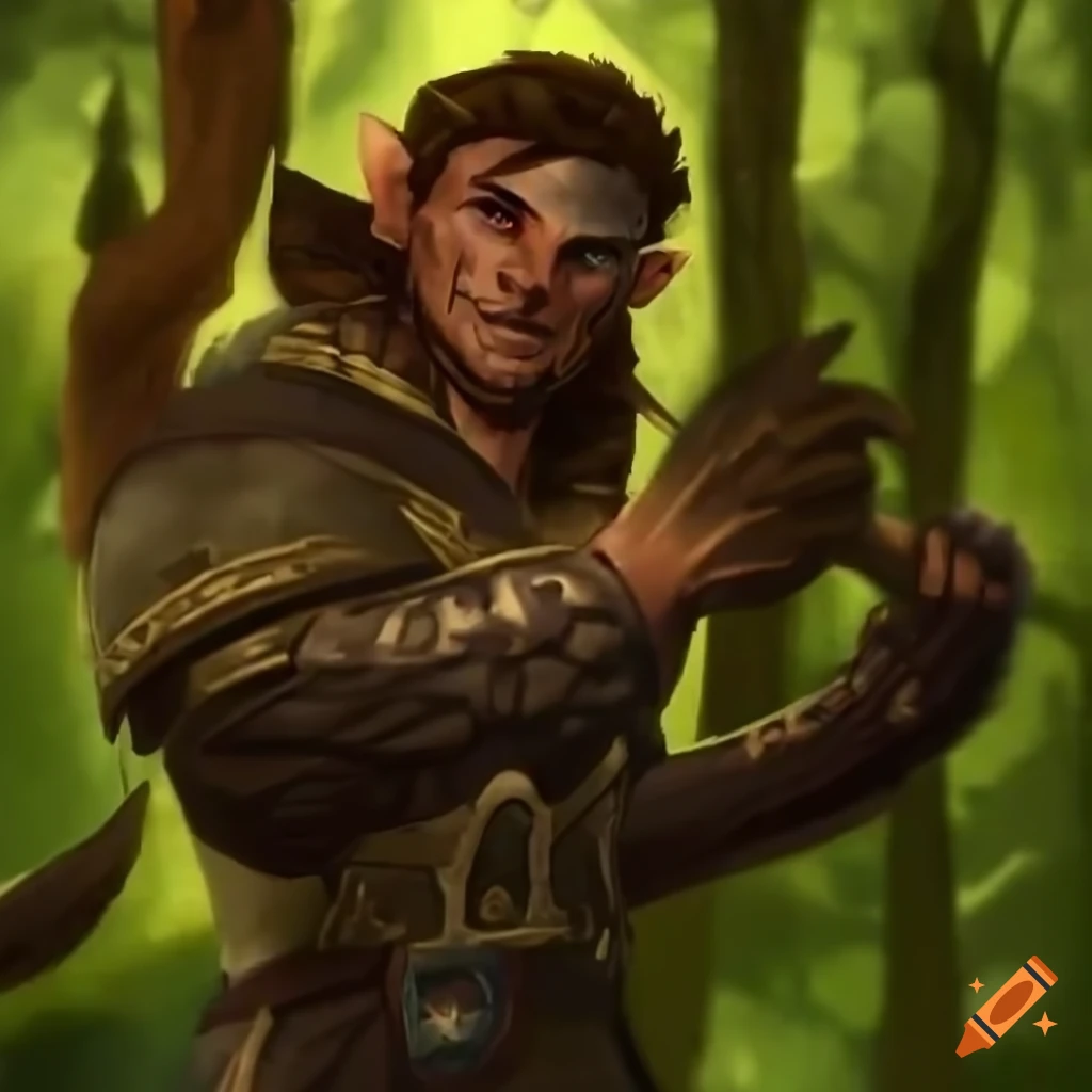 Firbolg in forest, male, grey skin, brown hair, hairy, big nose, cleric ...