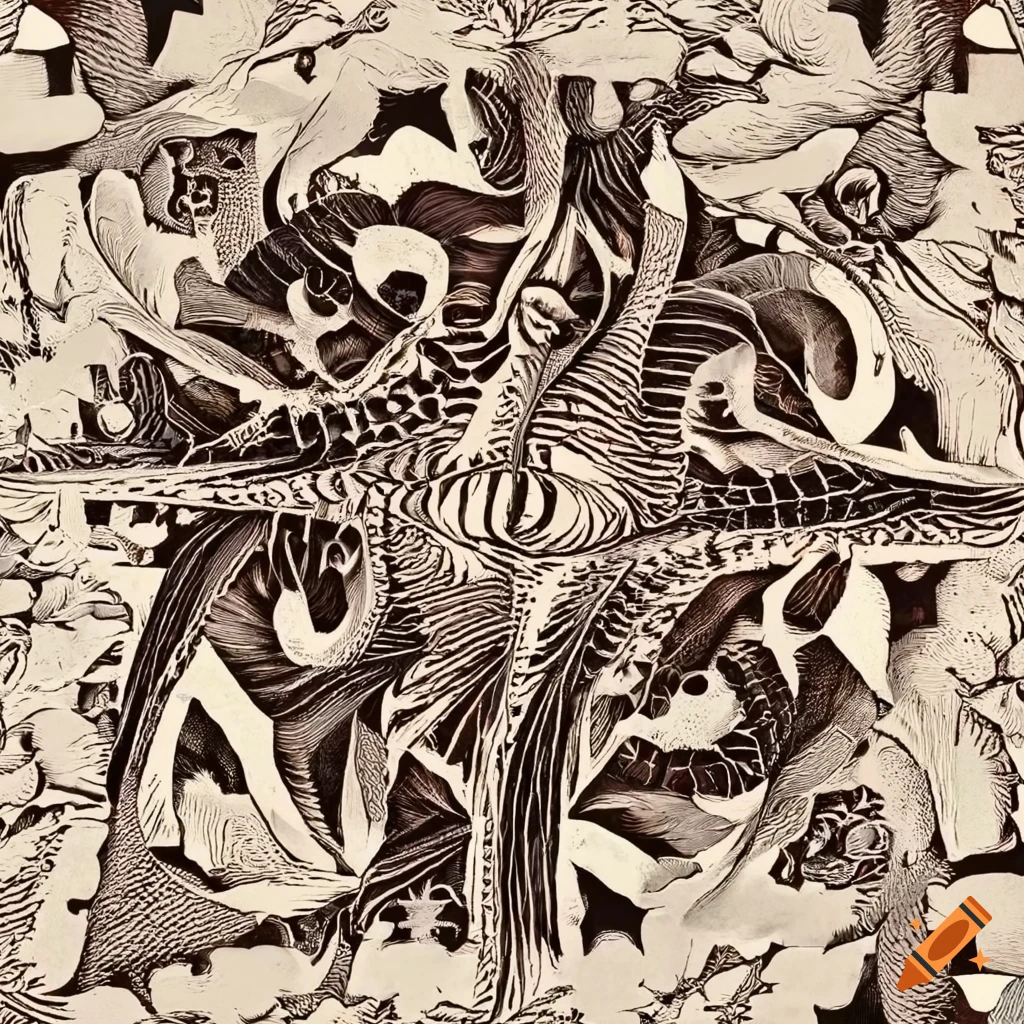 Color woodcut art print by m. c. escher with striking texture and ...