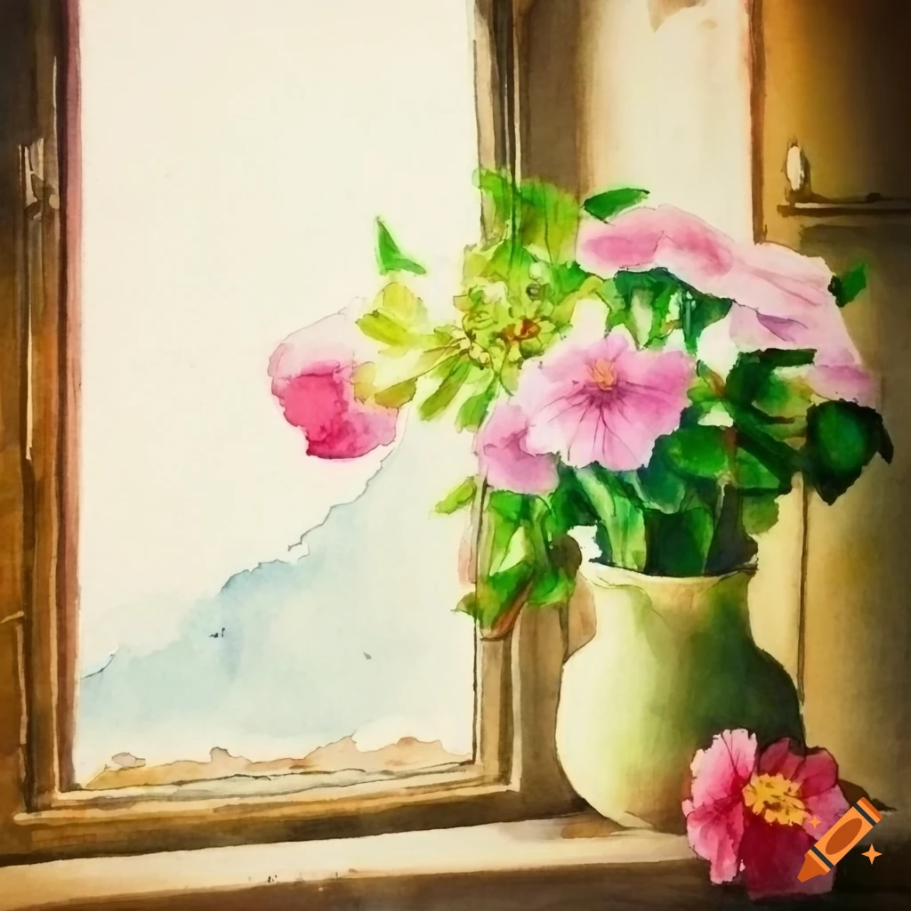 Watercolor still life of flowers front of a window which shows a ...