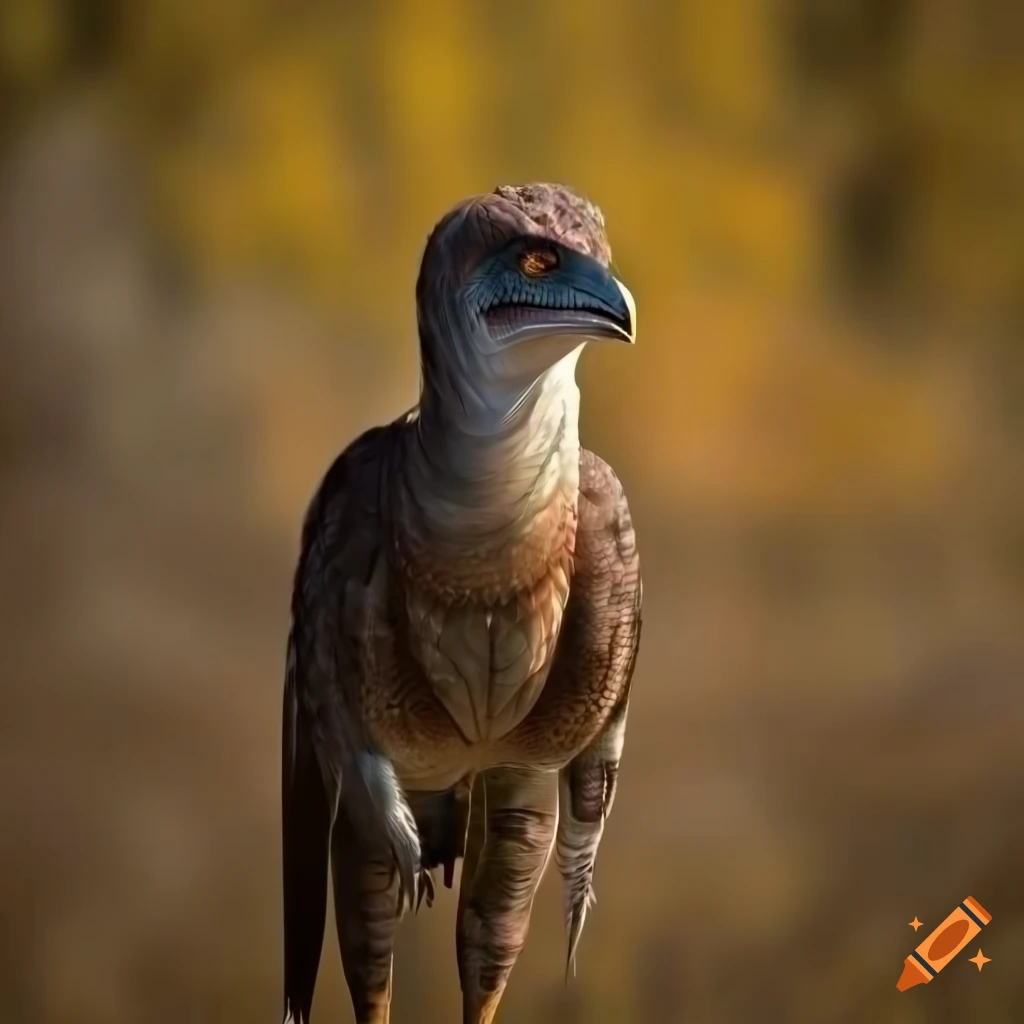 A feathered velociraptor with a grouse-like color pattern over its ...