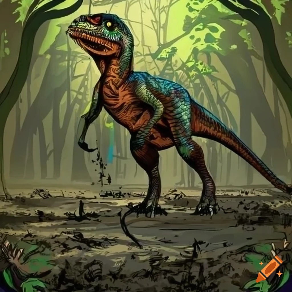 A velociraptor in the middle of a muddy forest with a comic book style ...