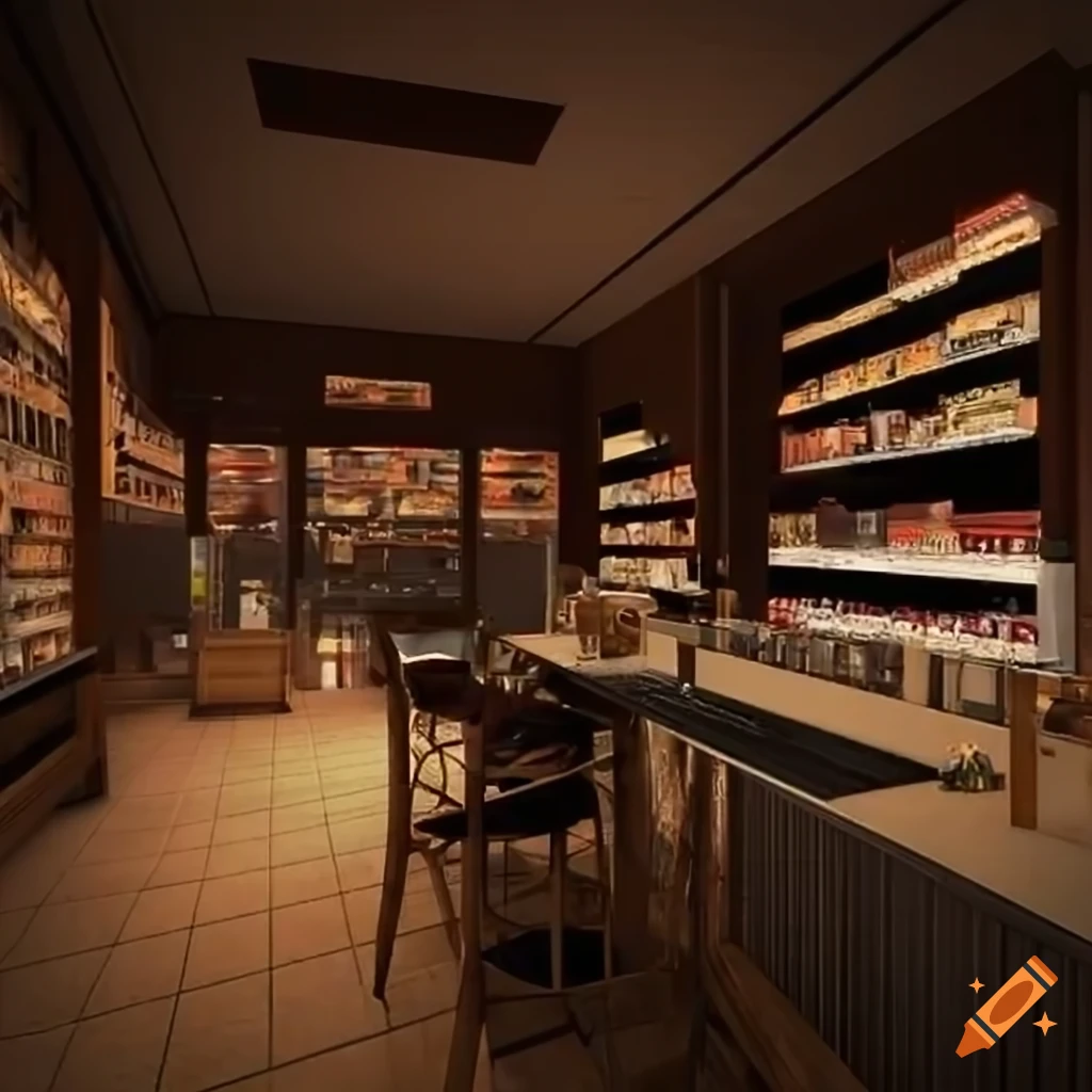 SketchUp perapeciver of a large cigarette shop with a table on Craiyon