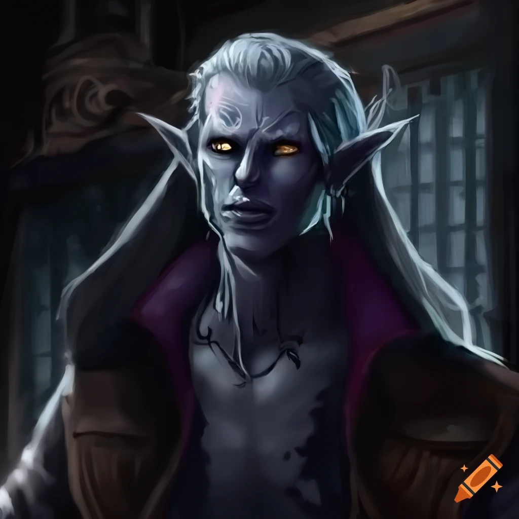 Dark elf, grey skin, black hair, white eyes, male, tattered clothing ...