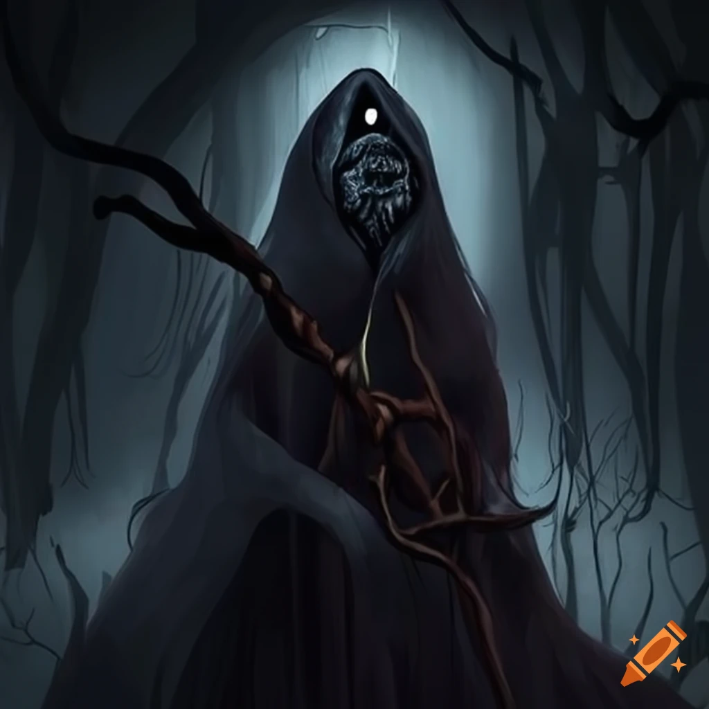 Faceless witch cubered with a dark atavie and a macabre rod on Craiyon