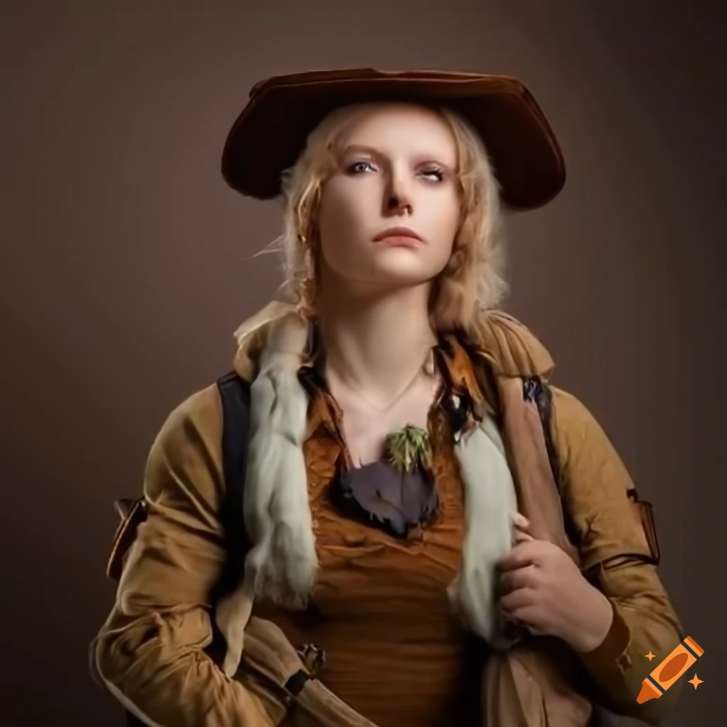 Adventurer lady, with swirly blonde hair, wearing backpack, with small ...