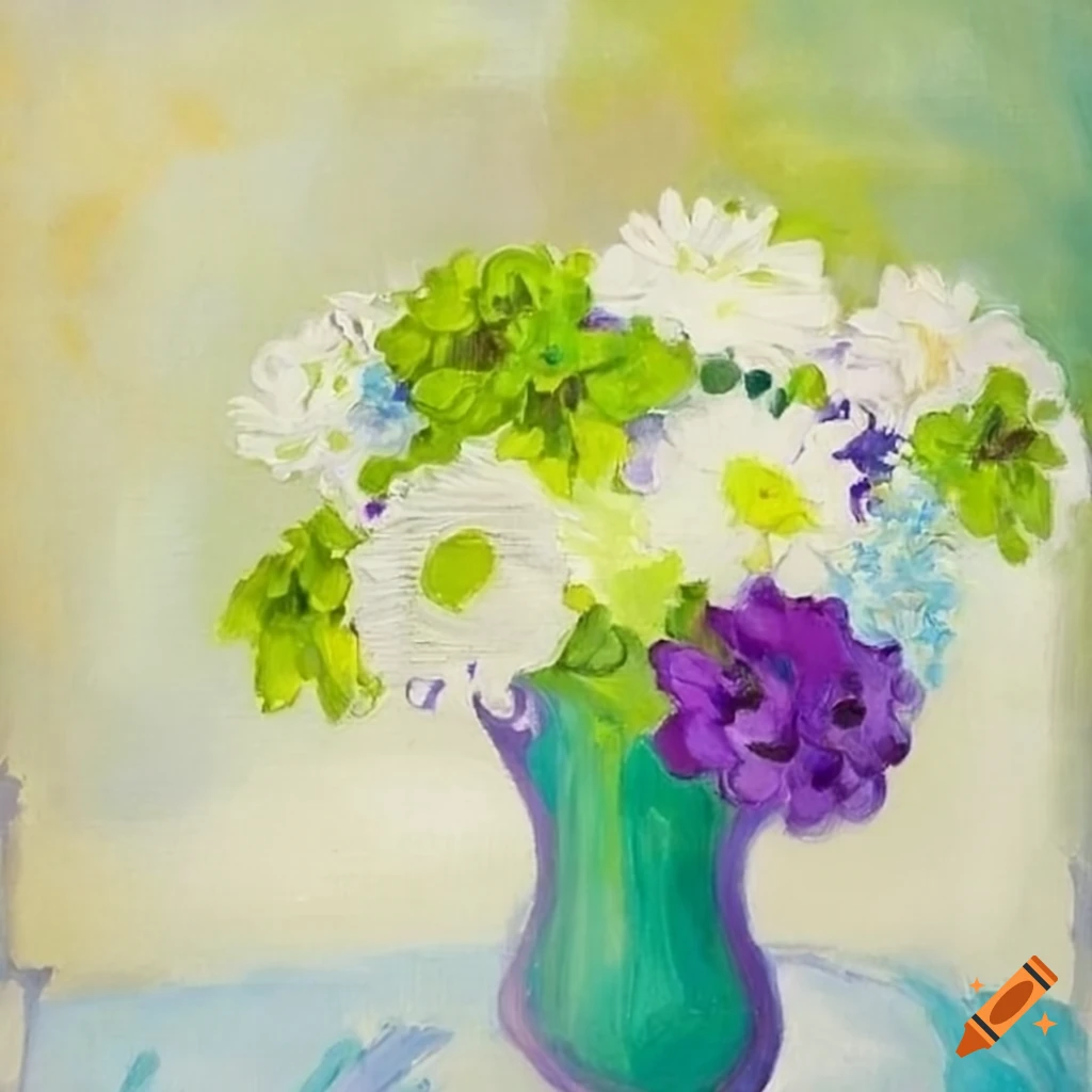 Secession painting of stillife, light background, white green and ...