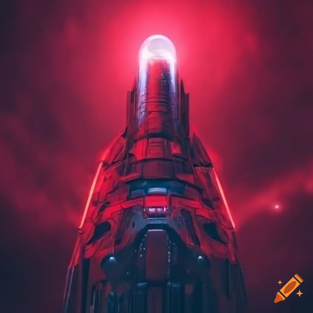Iron spaceship in space, planet in background, red neon light