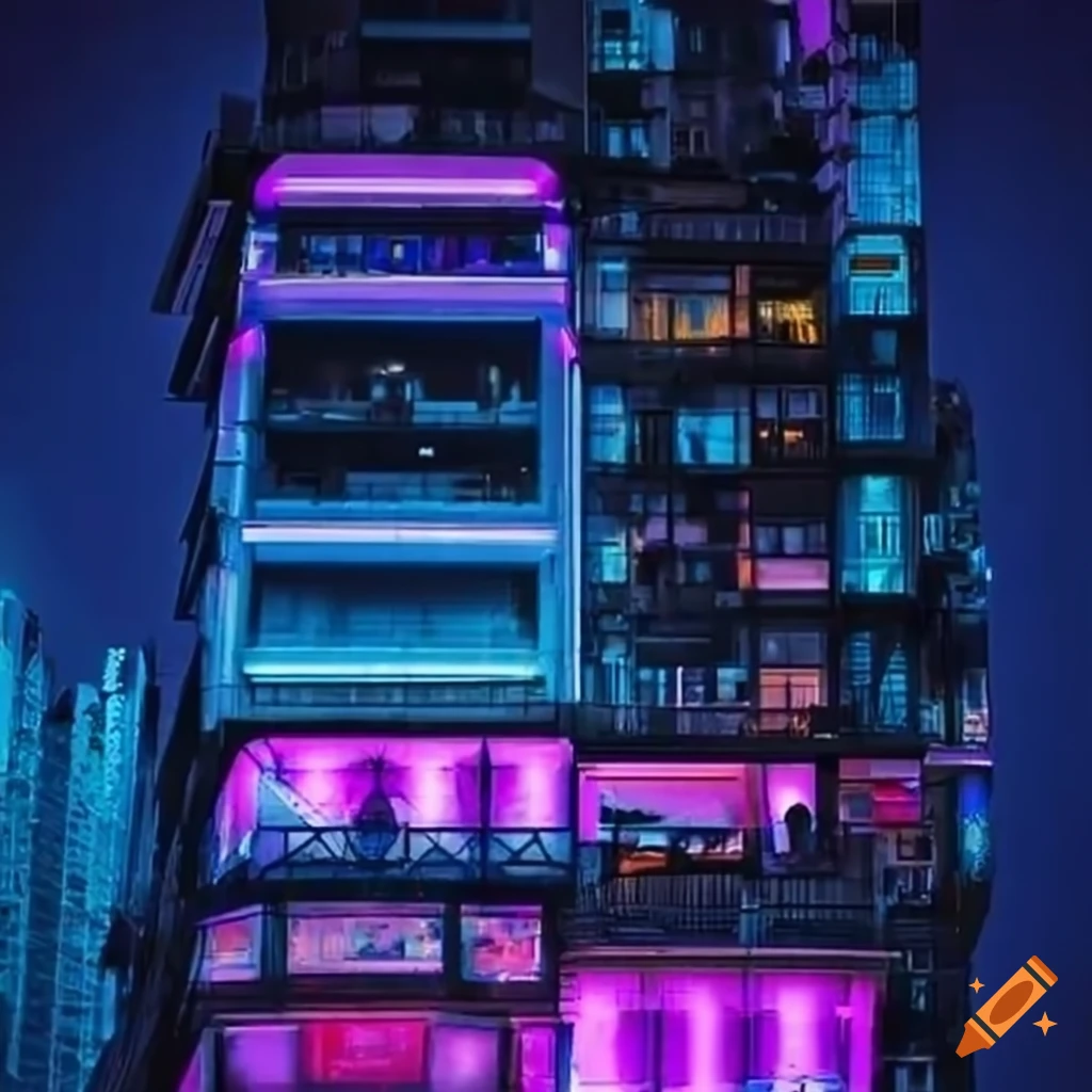Facade of a cyberpunk hotel with a balcony, with a beautiful view of ...