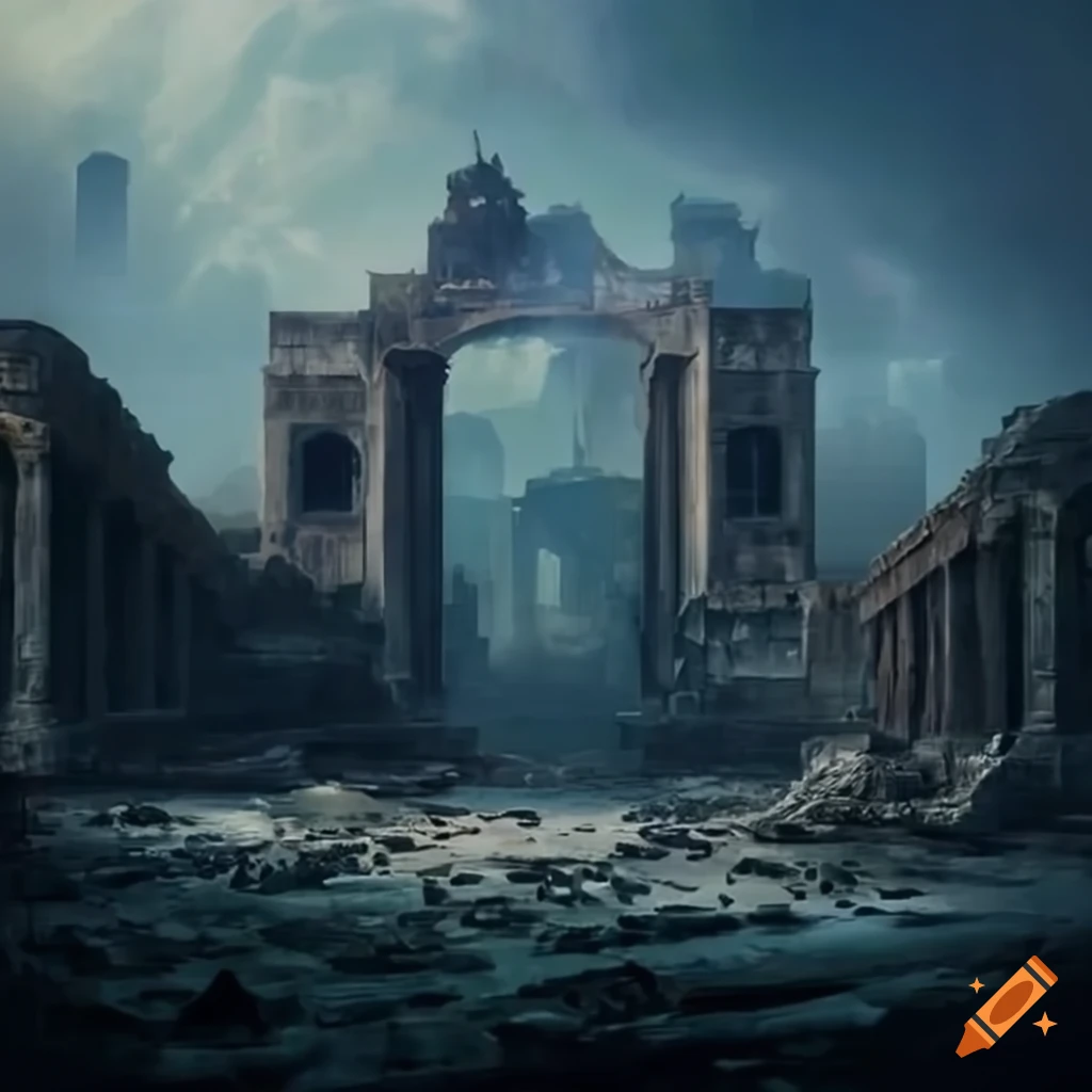 Apocalyptic city ancient buildings with an roman area on a island