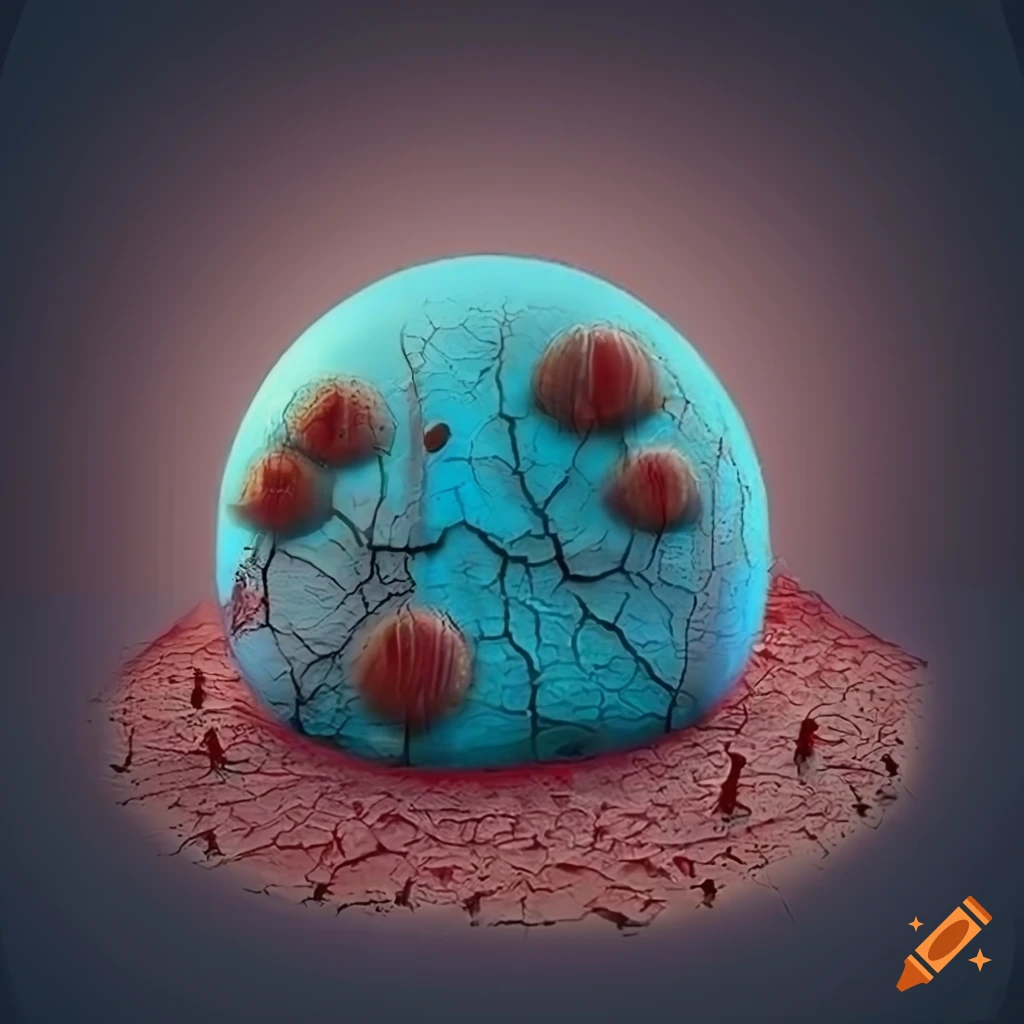 Create concept art of white and red chitin pods storing water in pale ...