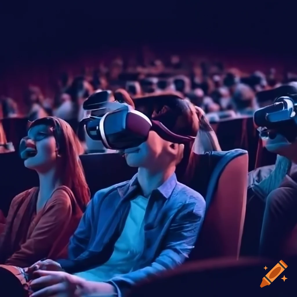 Audience in movie theatre all watching with vr headsets on
